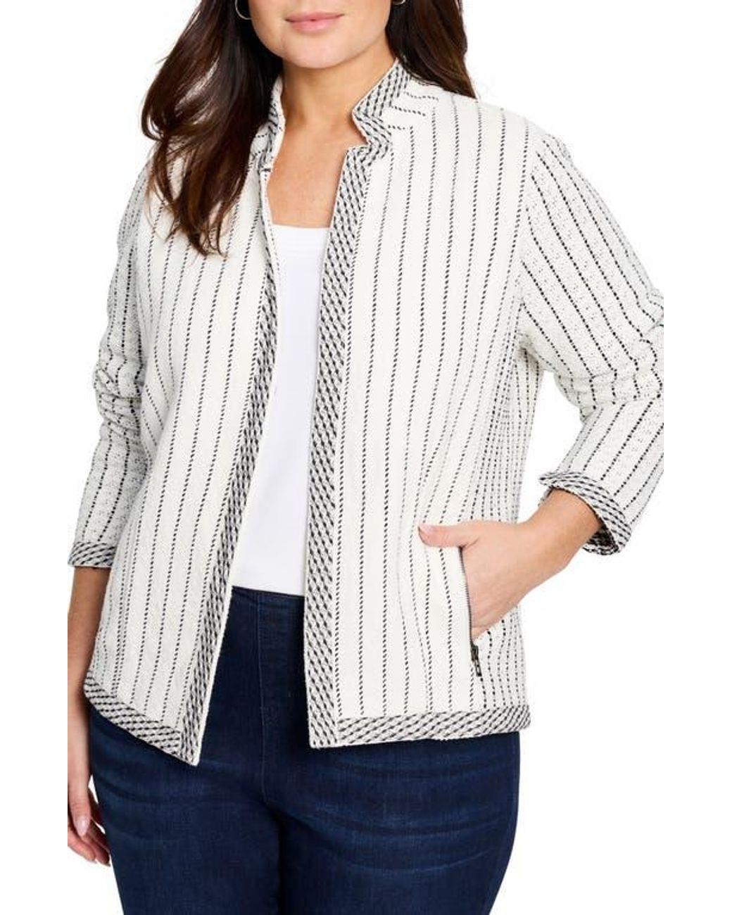 NIC+ZOE Notch Collar Stripe Knit Jacket in White | Lyst