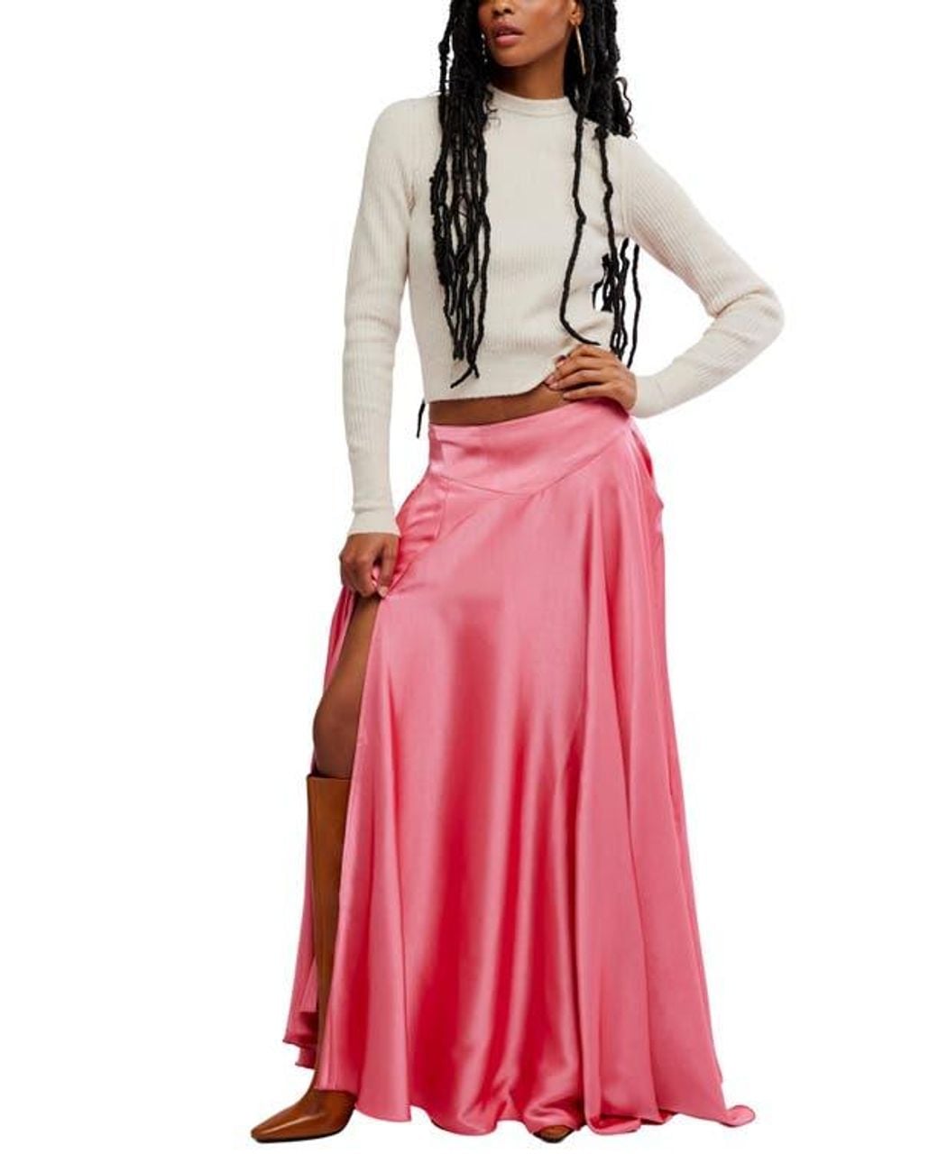 Free People Chilco Side Slit Satin Maxi Skirt in Pink | Lyst