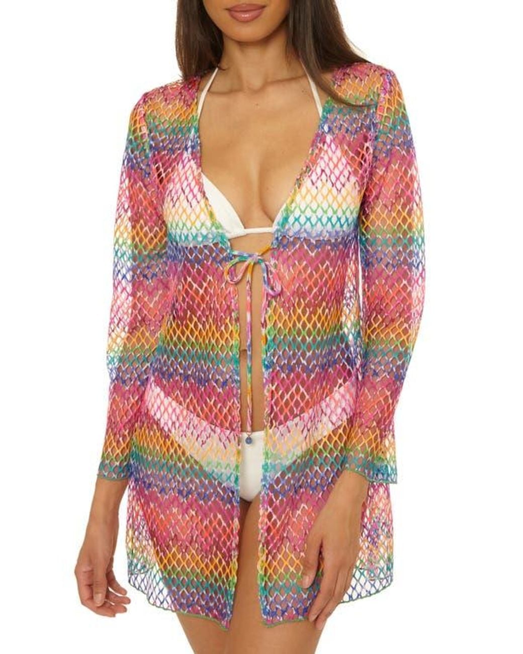 Becca Rio Fishnet Sheer Long Sleeve Cover-Up in Red | Lyst