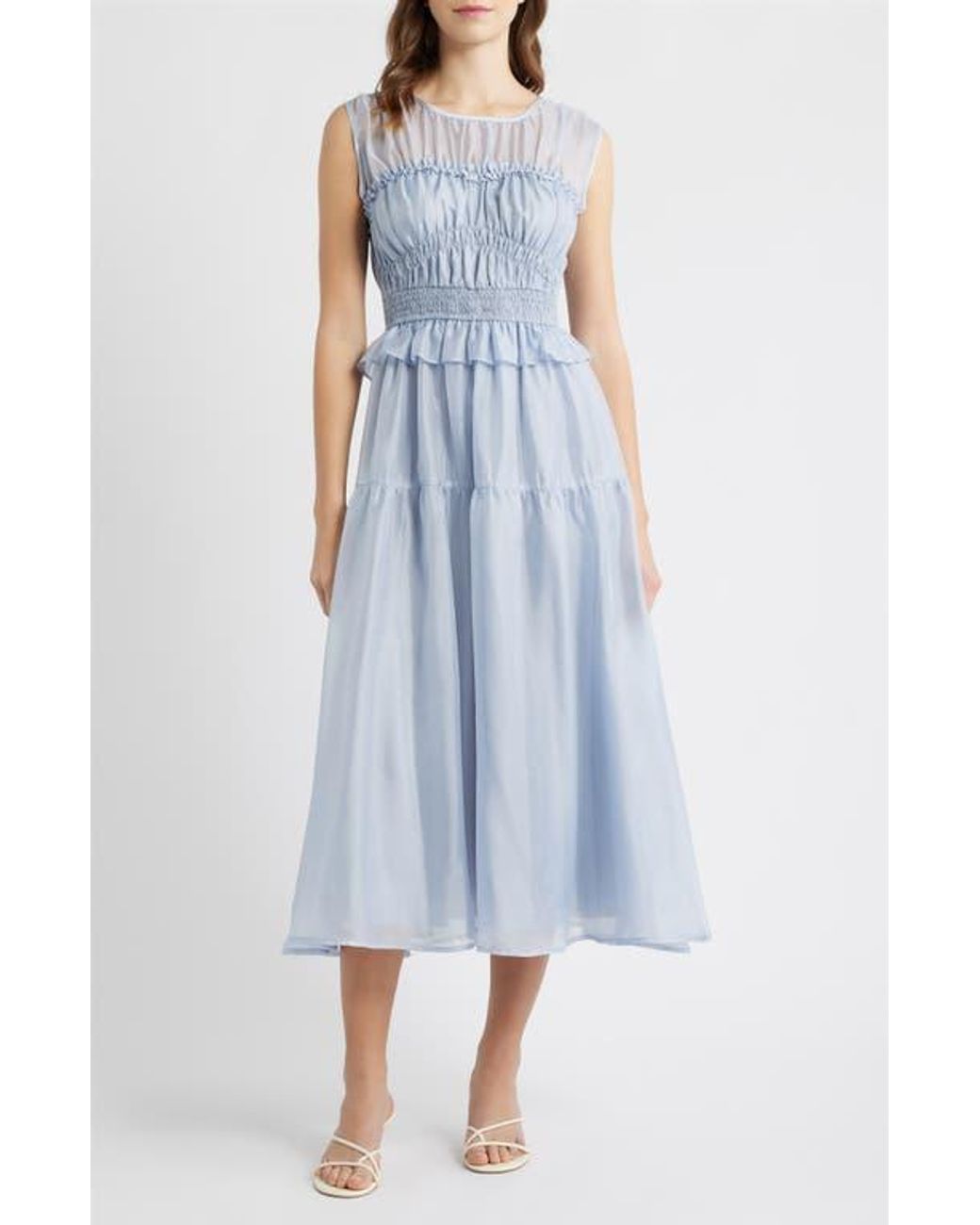 Moon River Semi Sheer Yoke Gathered Peplum Midi Dress in Blue | Lyst