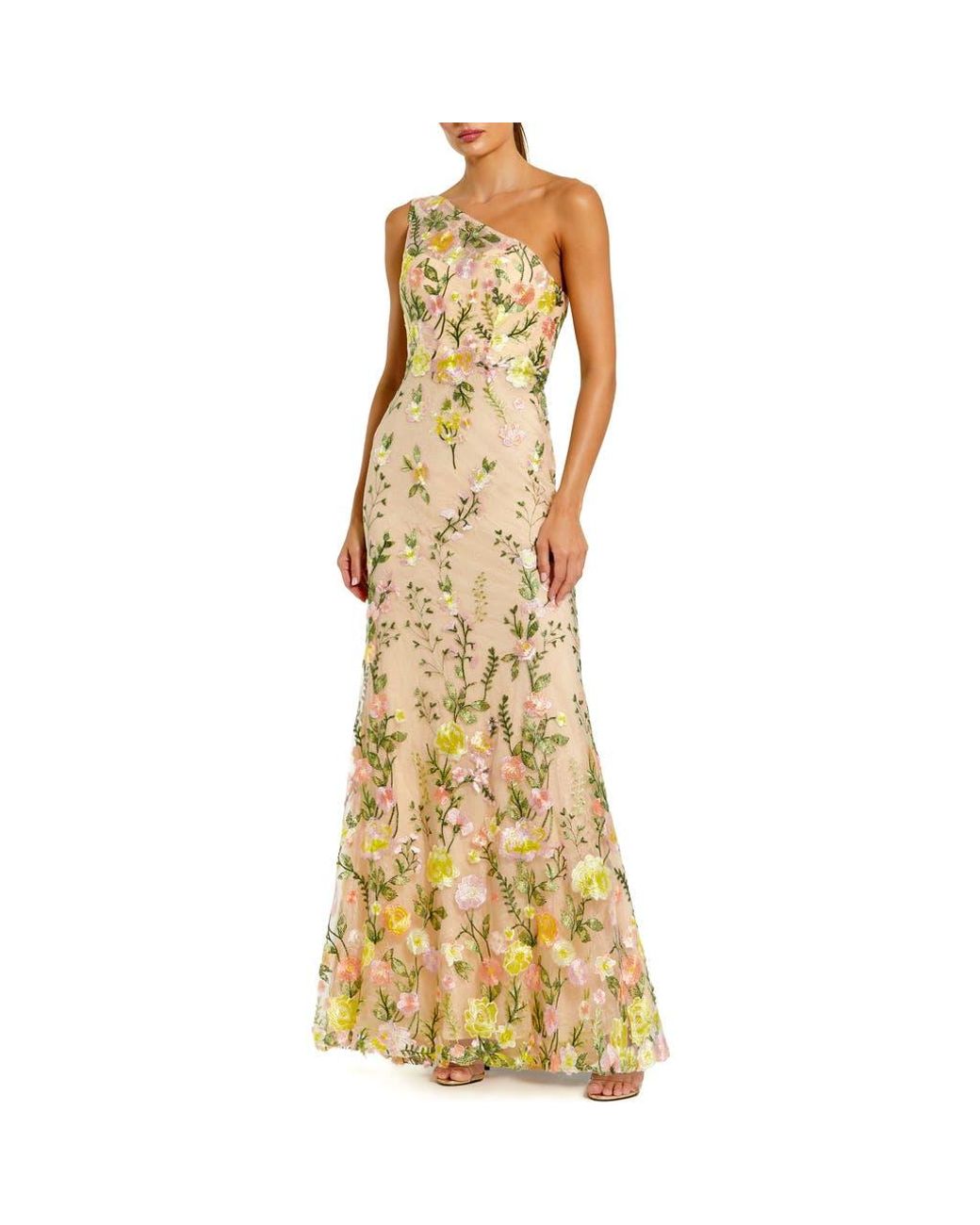 Mac Duggal One Shoulder Lace Embroidered Gown in Metallic | Lyst