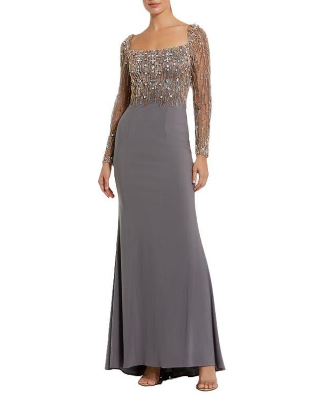 Mac Duggal Beaded Square Neck Long Sleeve Jersey Gown in Purple | Lyst