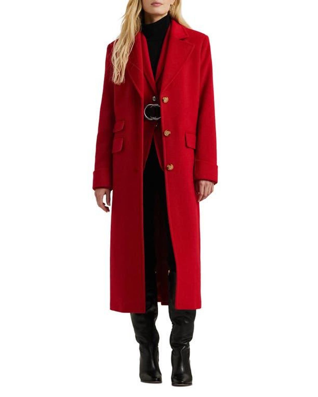 Ralph Lauren Longline Wool Blend Reefer Coat in Red | Lyst