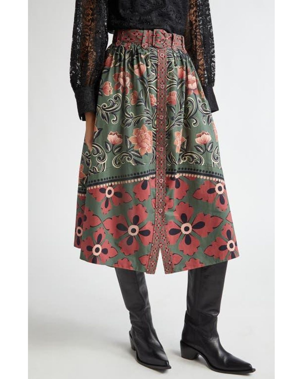 FARM Rio Arabesque Floral Belted Button Front Skirt in Black | Lyst