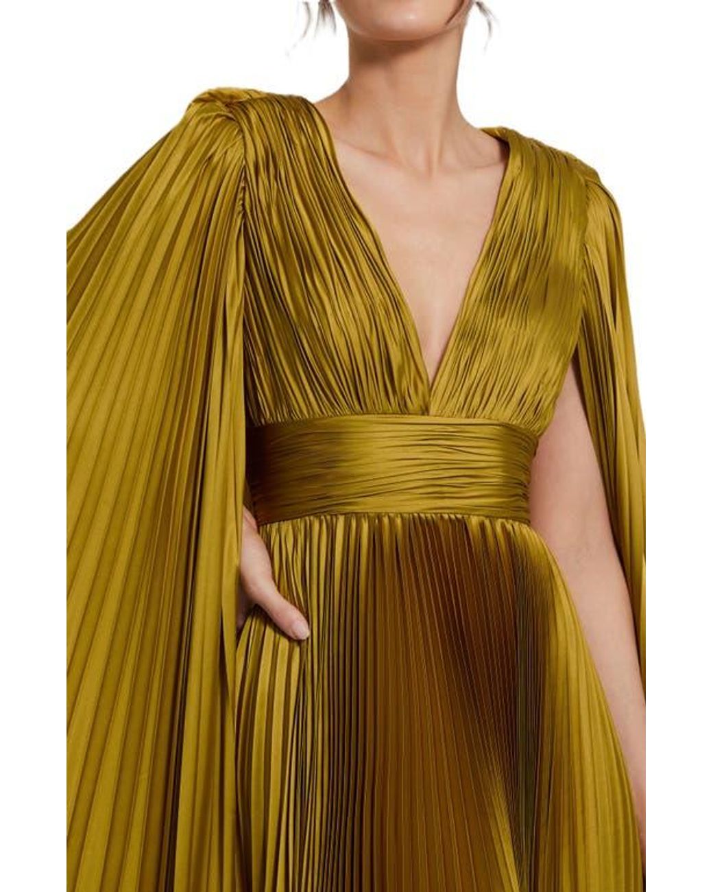 Mac Duggal Pleated Charmeuse V Neck Gown With Cape in Metallic | Lyst