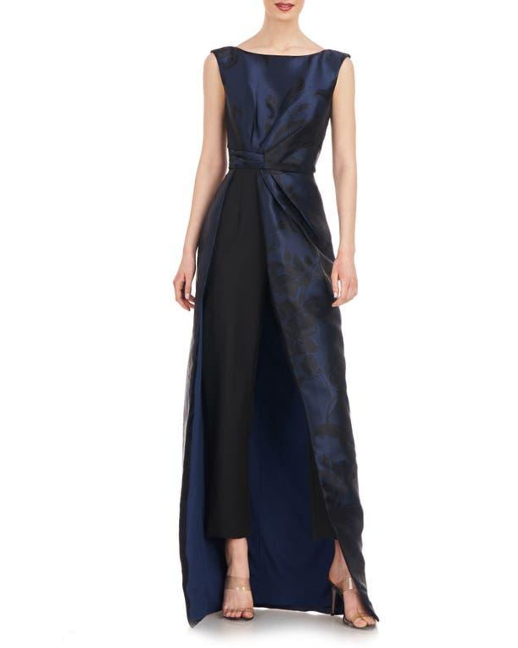Kay Unger Amal Floral Jacquard Sleeveless Maxi Jumpsuit in Blue | Lyst