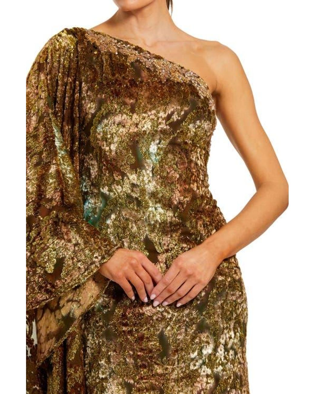 Mac Duggal One Shoulder Metallic Burnout Velvet Evening Gown | Lyst