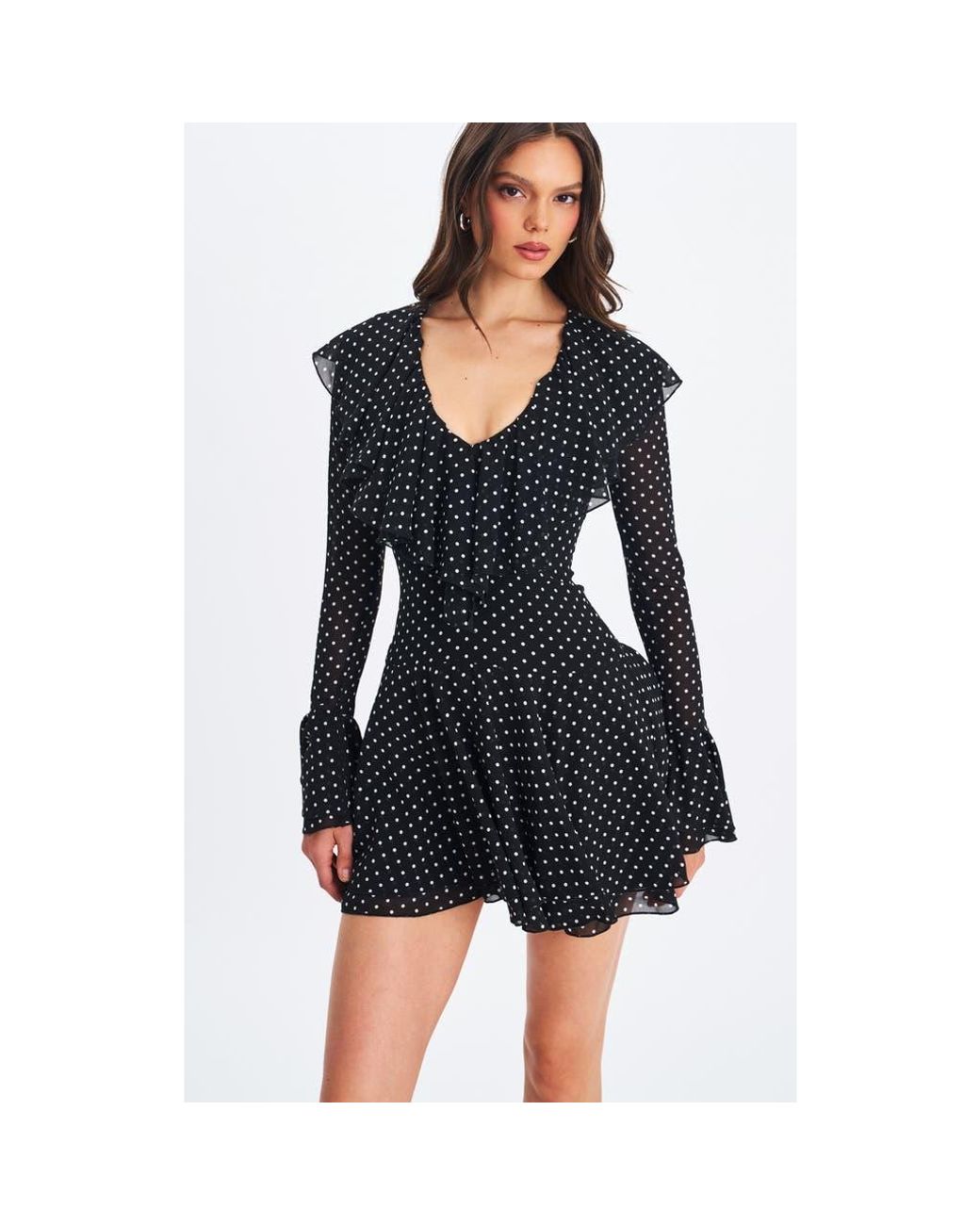 Miss Circle Omari Chiffon Polka Dot Ruffled Neckline Mini Dress in ...