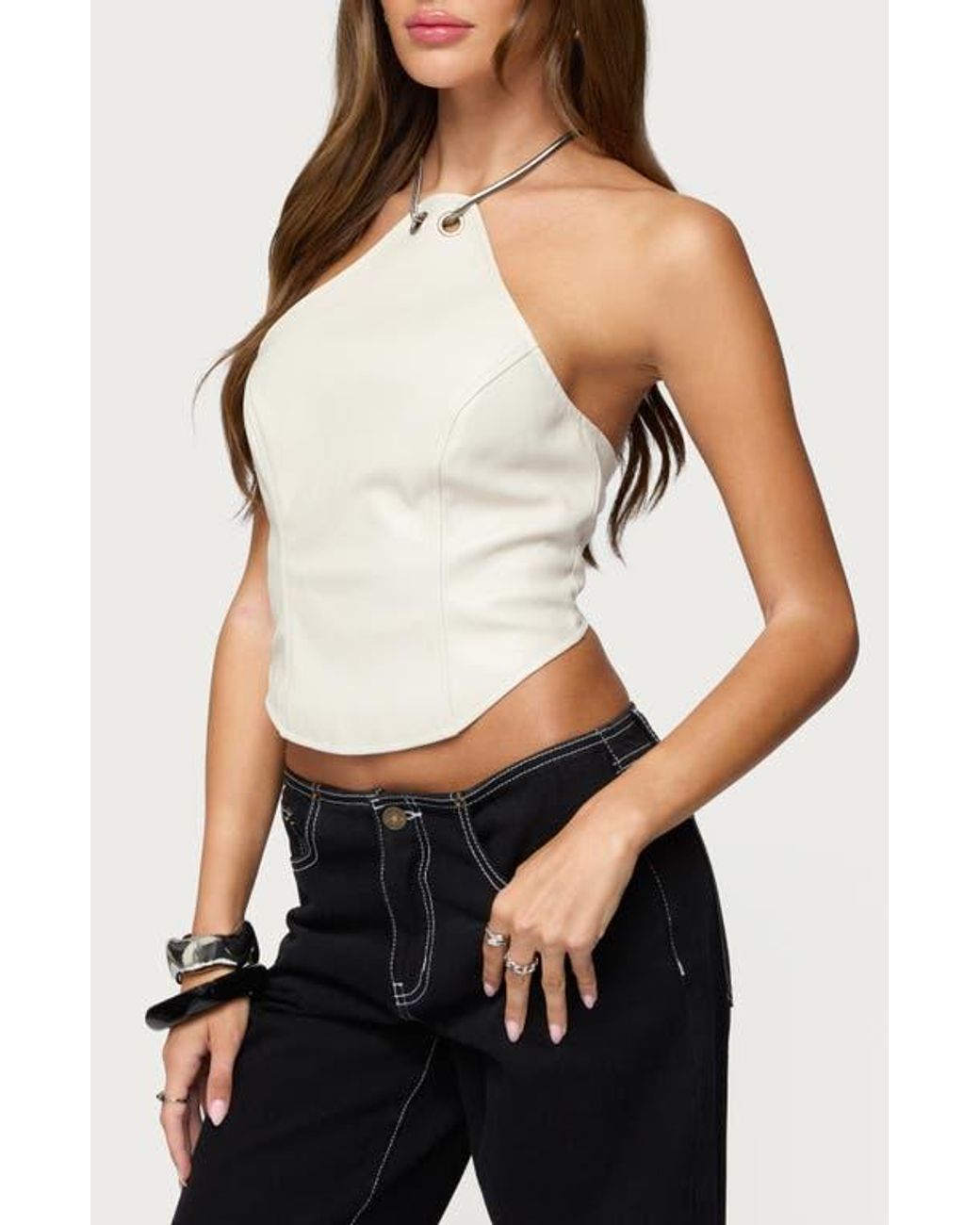 Edikted Kizzie Faux Leather Halter Top in White | Lyst