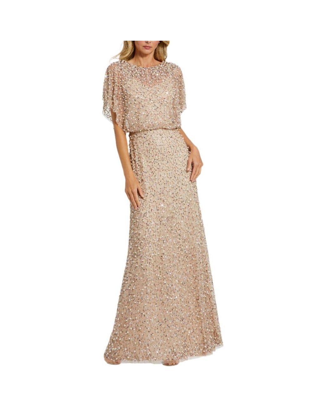 Mac Duggal Beaded Mesh Gown With Shawl in Natural | Lyst