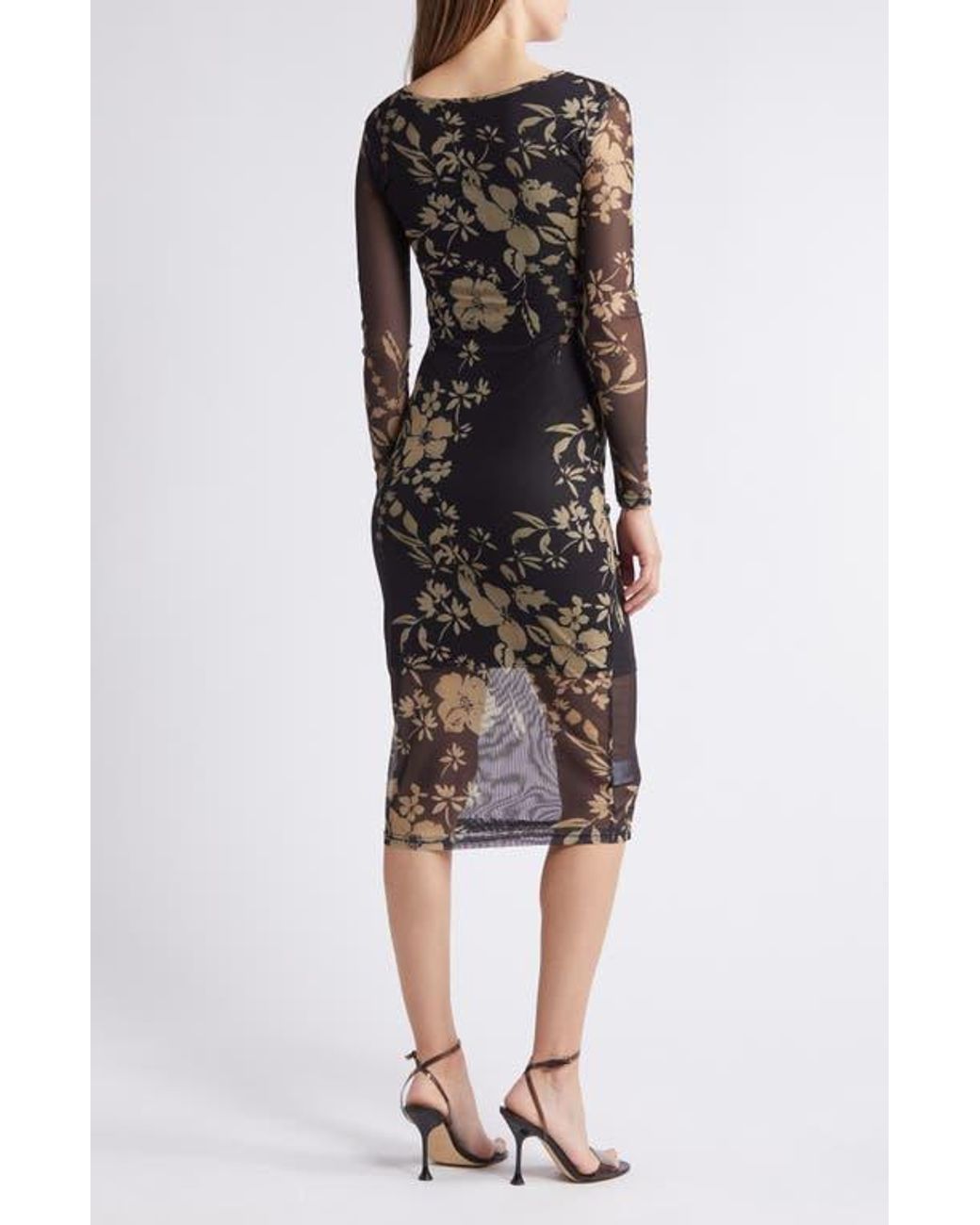 NIKKI LUND Britt Floral Print Long Sleeve Mesh Maxi Dress in Black | Lyst
