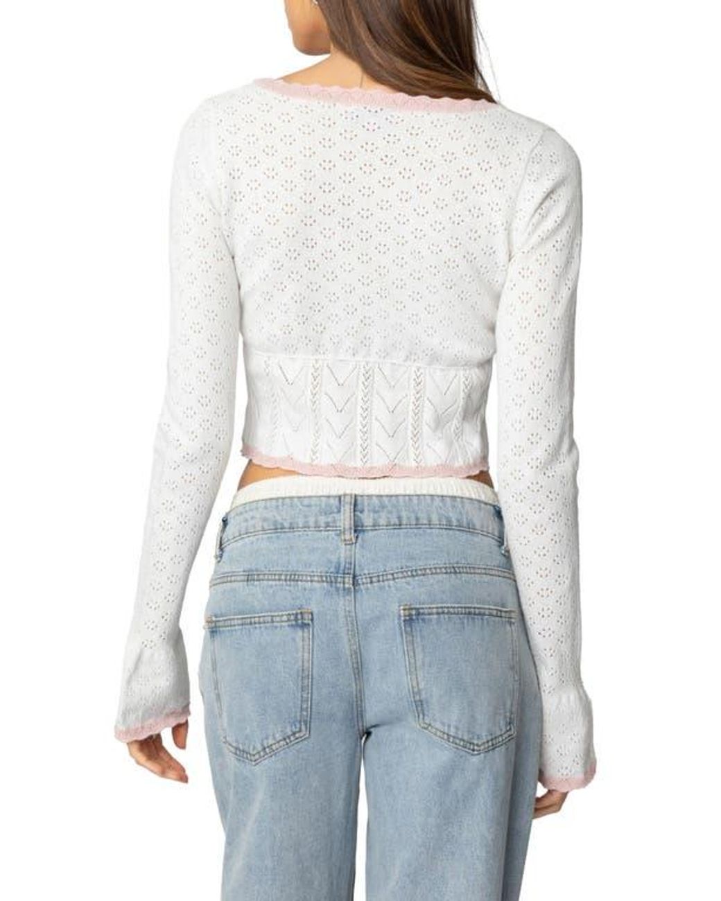 Edikted Abbie Split Front Pointelle Stitch Top in Blue | Lyst