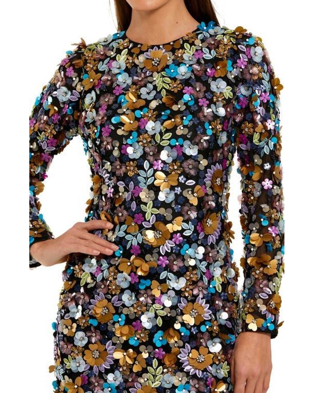 Mac Duggal Embellished 3D Sequin Long Sleeve Mini Dress in Black | Lyst
