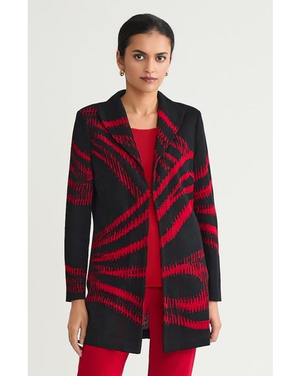 Ming Wang Heritage Two-Tone Jacquard Wave Knit Jacket in Red | Lyst