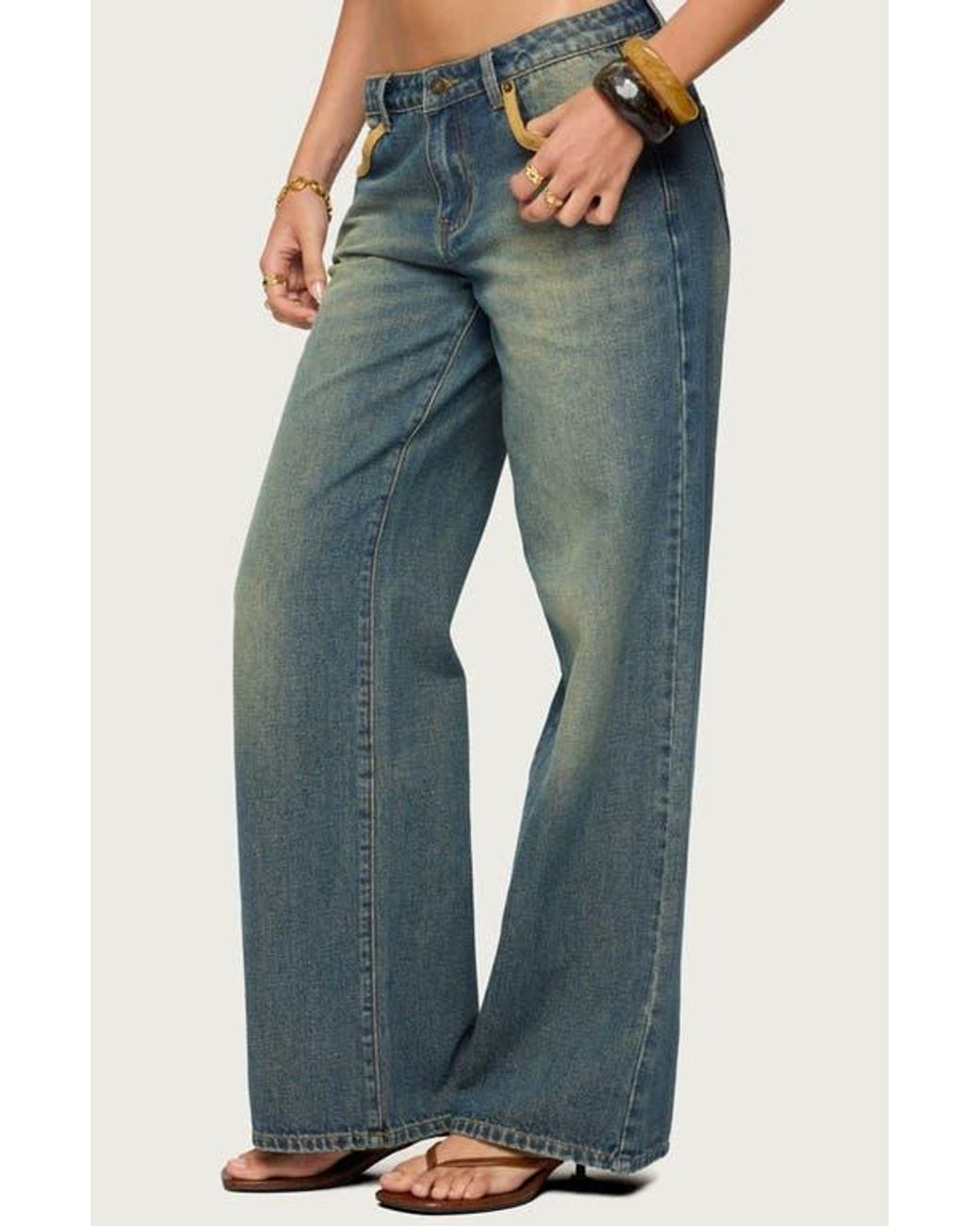 Edikted Faux Suede Trim Wide Leg Jeans in Blue | Lyst