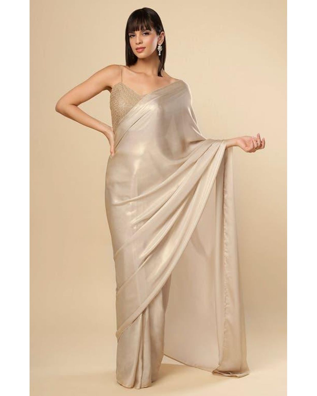 One Minute Saree Deva Champagne Shimmer Crepe Ready To Wear Saree in ...