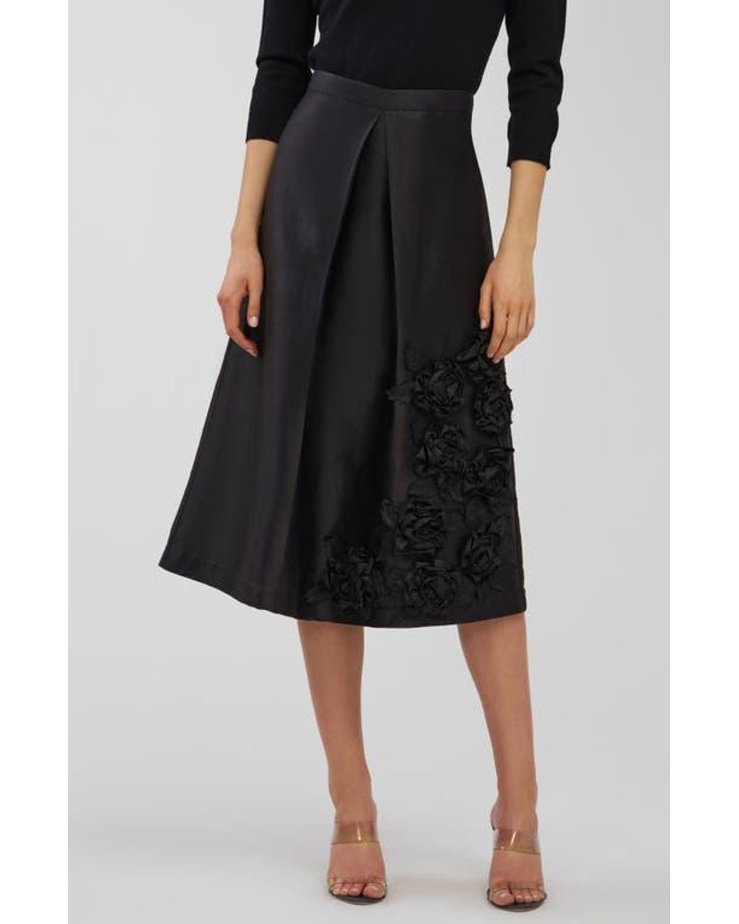 Kay Unger Logan Floral Appliqué Midi Skirt in Black | Lyst