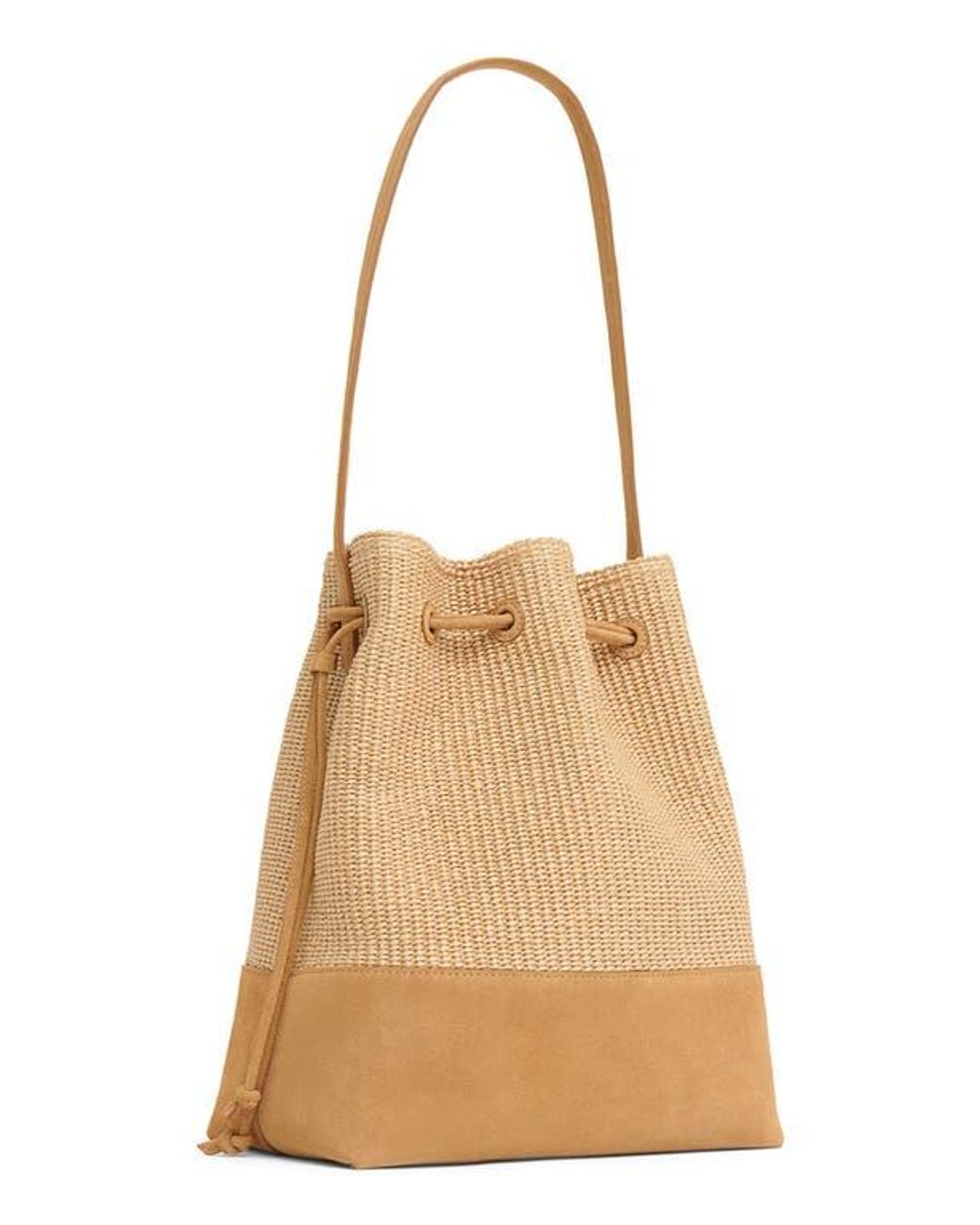 Mansur Gavriel Drawstring Woven Raffia & Suede Bucket Bag in Natural | Lyst