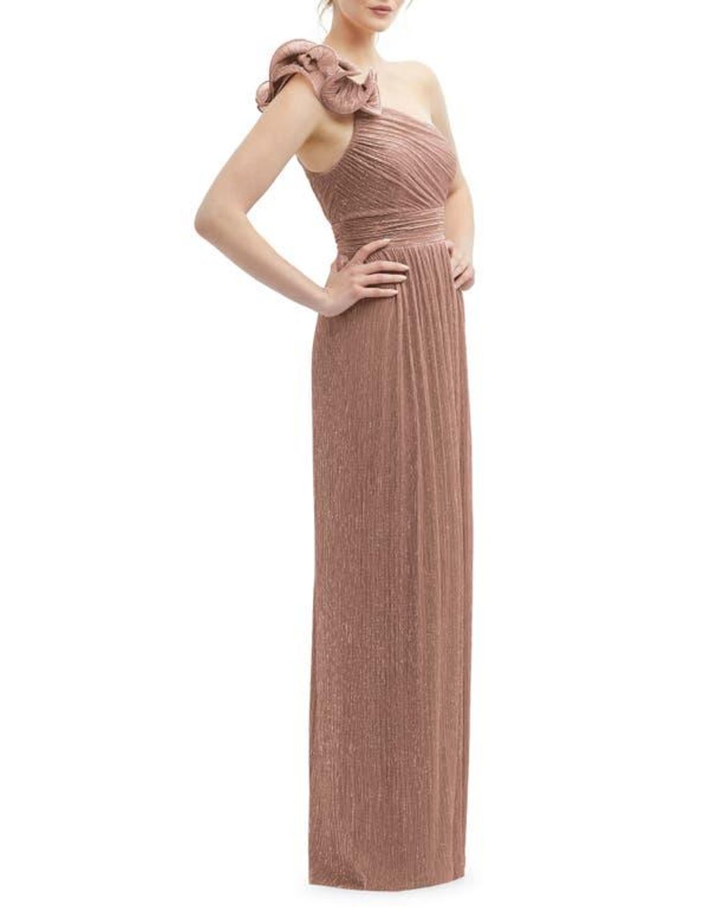 After Six Ruffle One-Shoulder Metallic Column Gown | Lyst