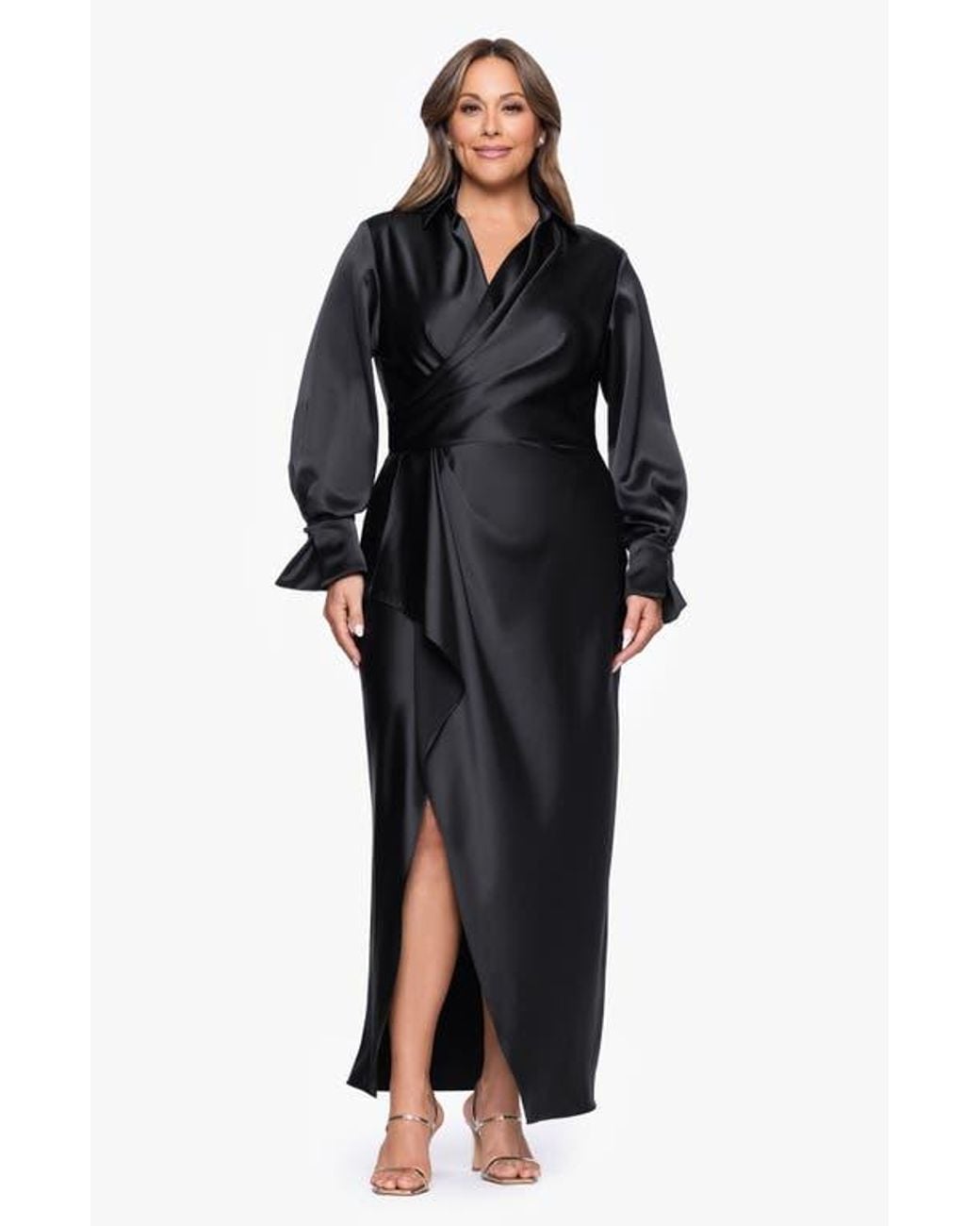 Xscape Evenings Collar Long Sleeve Satin Gown in Black | Lyst