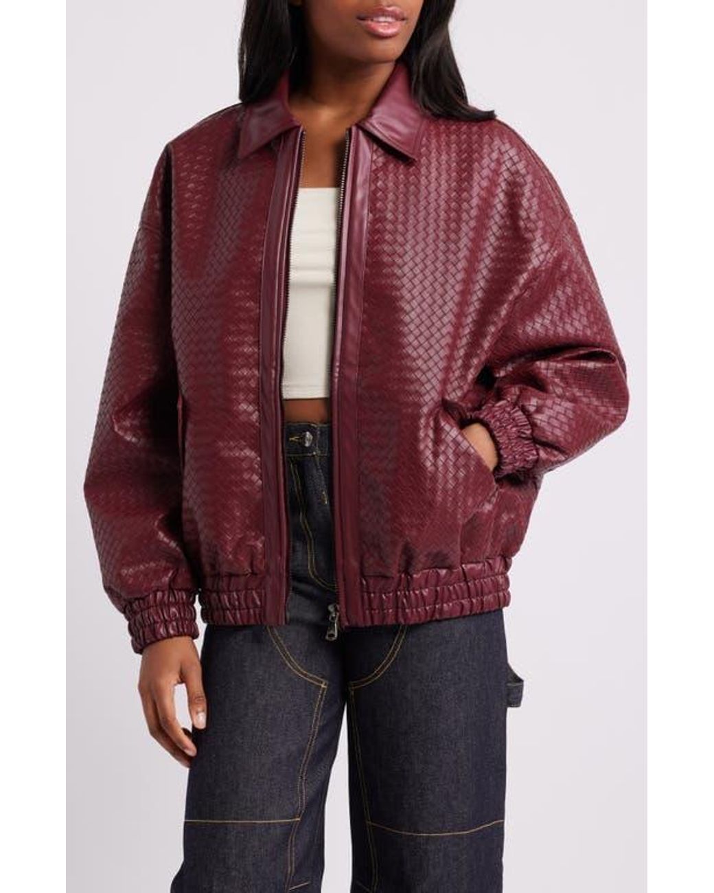 Lioness Kenny Woven Faux Leather Bomber Jacket in Red | Lyst