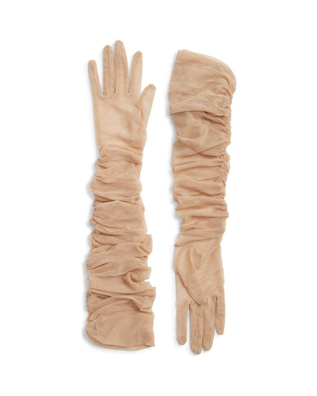 High Heel Jungle Ariana Ruched Mesh Opera Gloves in Natural | Lyst