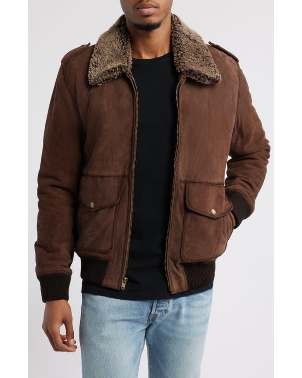 Frye Suede Flight Jacket With Genuine Shearling Collar in Brown for Men ...