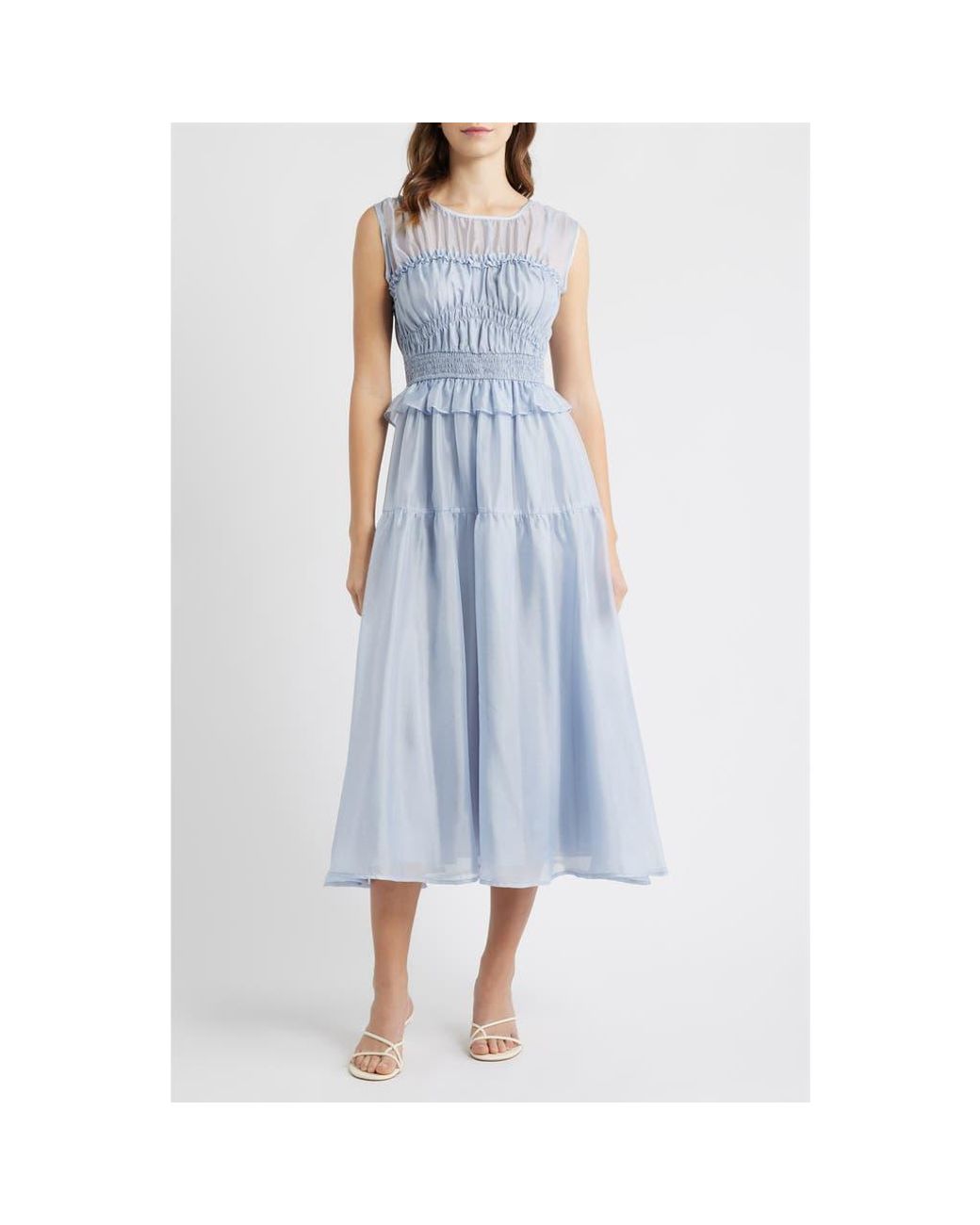 Moon River Semi Sheer Yoke Gathered Peplum Midi Dress in Blue | Lyst
