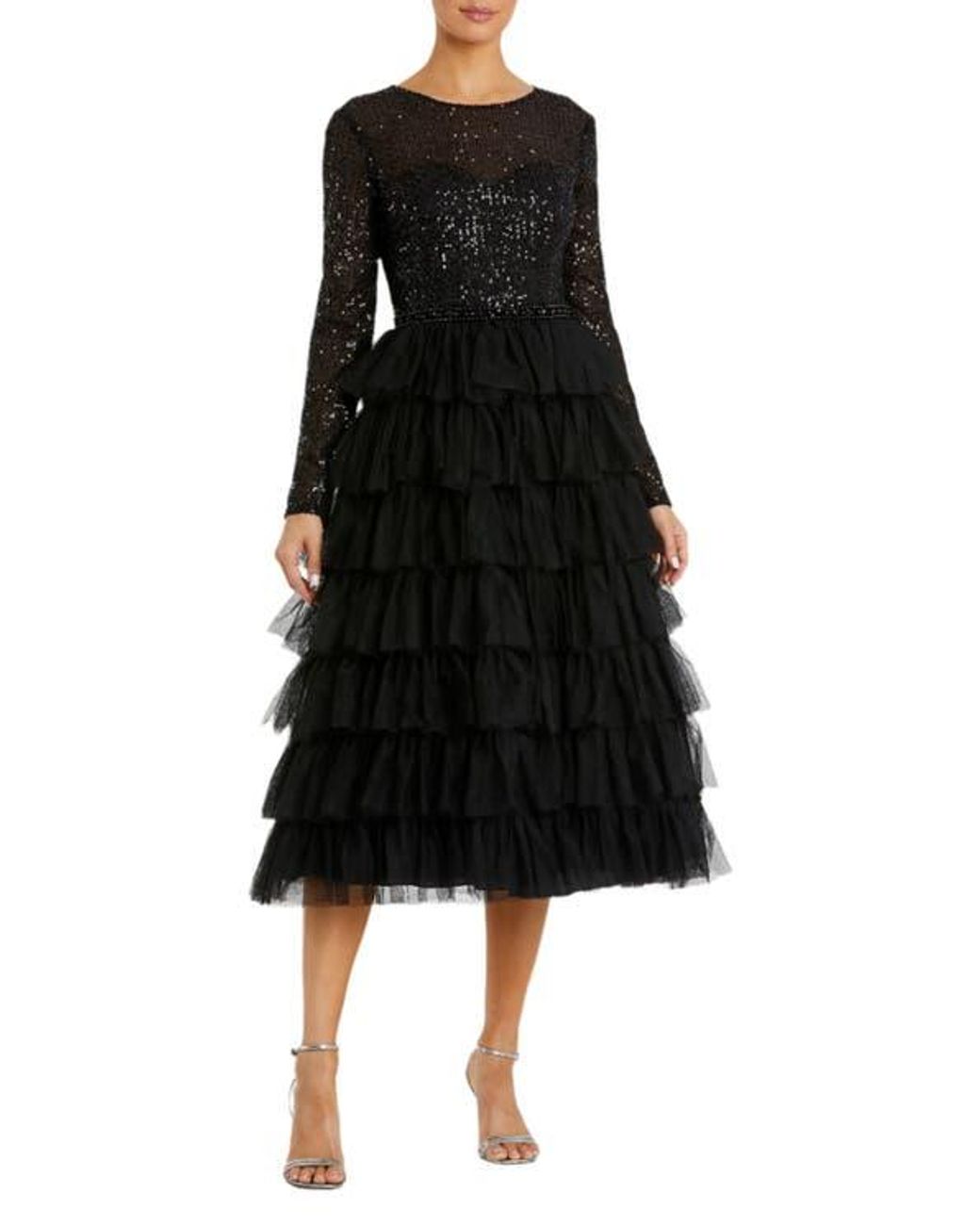 Mac Duggal Sequined Layered Tulle A-Line Cocktail Dress in Black | Lyst