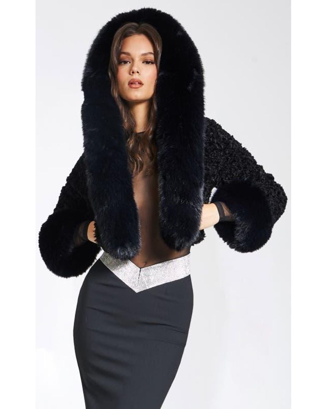 Miss Circle Kali Cropped Faux Fur Jacket With Hood in Black | Lyst