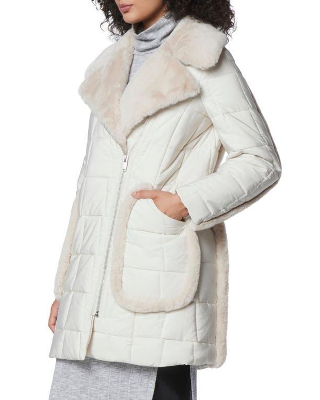 Andrew Marc Astor Quilted Faux Shearling Trim Coat in Gray | Lyst