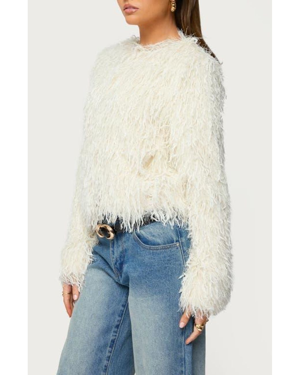 Edikted Aleandra Fringe Faux Fur Crop Jacket in Natural | Lyst