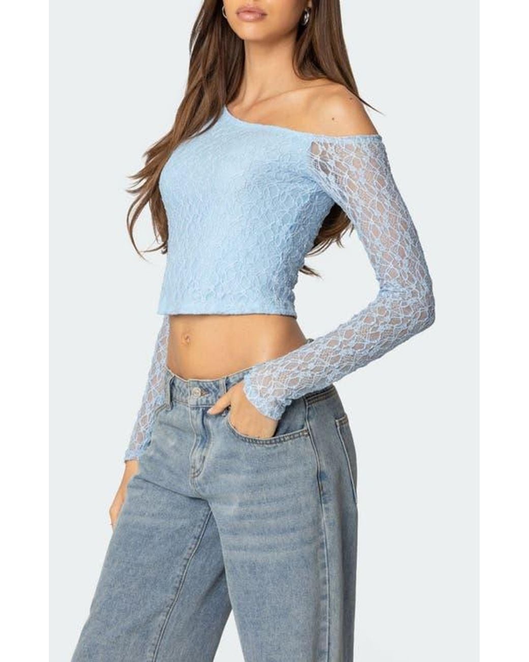 Edikted Fabia One-Shoulder Long Sleeve Lace Crop Top in Blue | Lyst