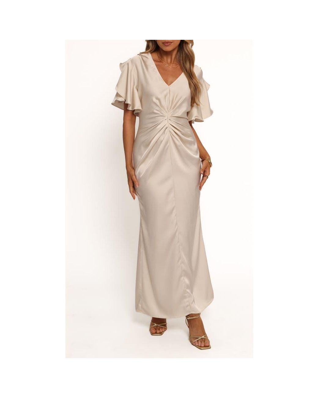 Petal & Pup Georgianna Center Ruched Satin Maxi Dress in Natural | Lyst