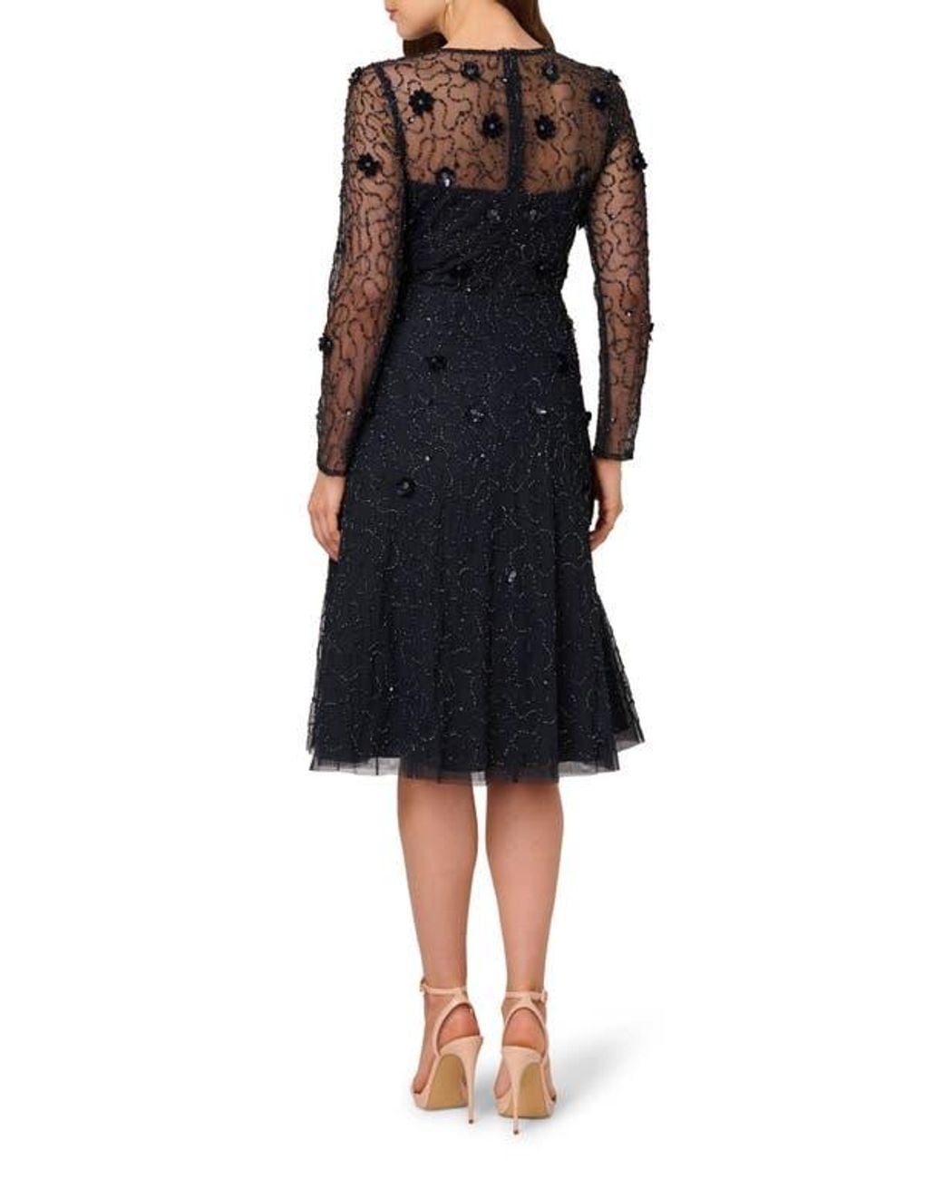 Adrianna Papell 3D Floral Beaded Long Sleeve Illusion Cocktail Dress in ...