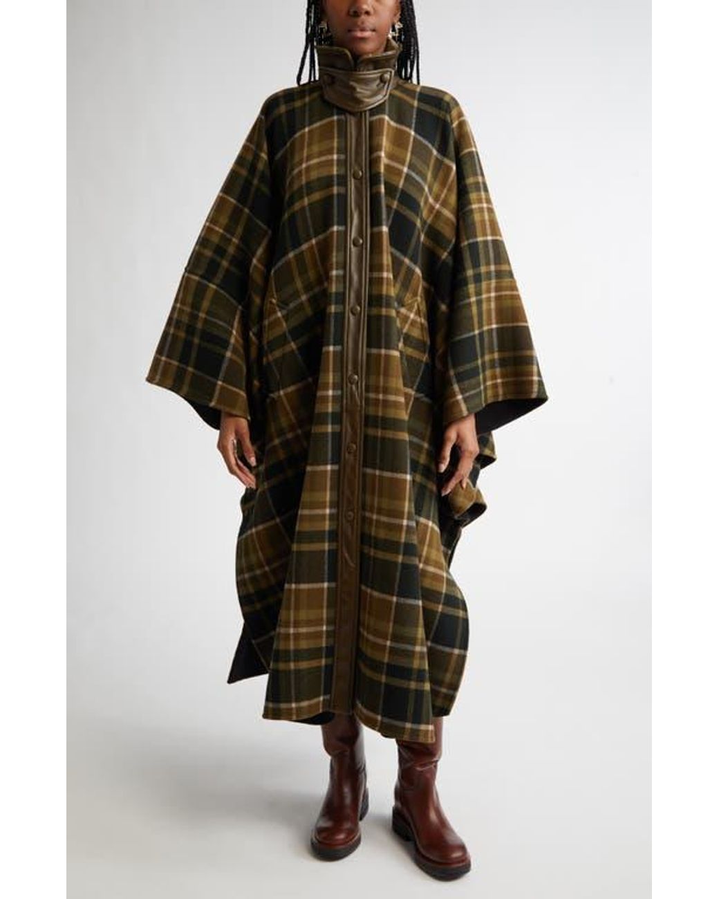 Chloé Check Double Face Wool & Leather Long Cape Coat | Lyst
