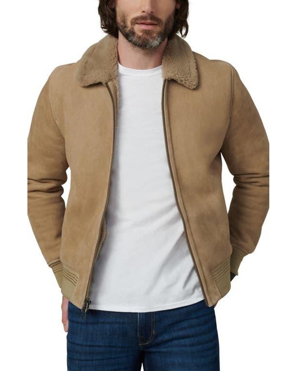 Joe's Jeans Genuine Shearling Trim Suede Flight Jacket in Natural for ...
