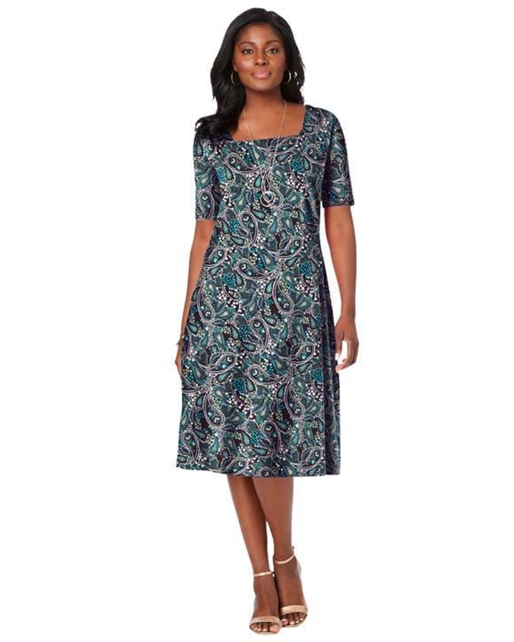 Jessica London Stretch Cotton Square Neck Midi Dress in Black | Lyst