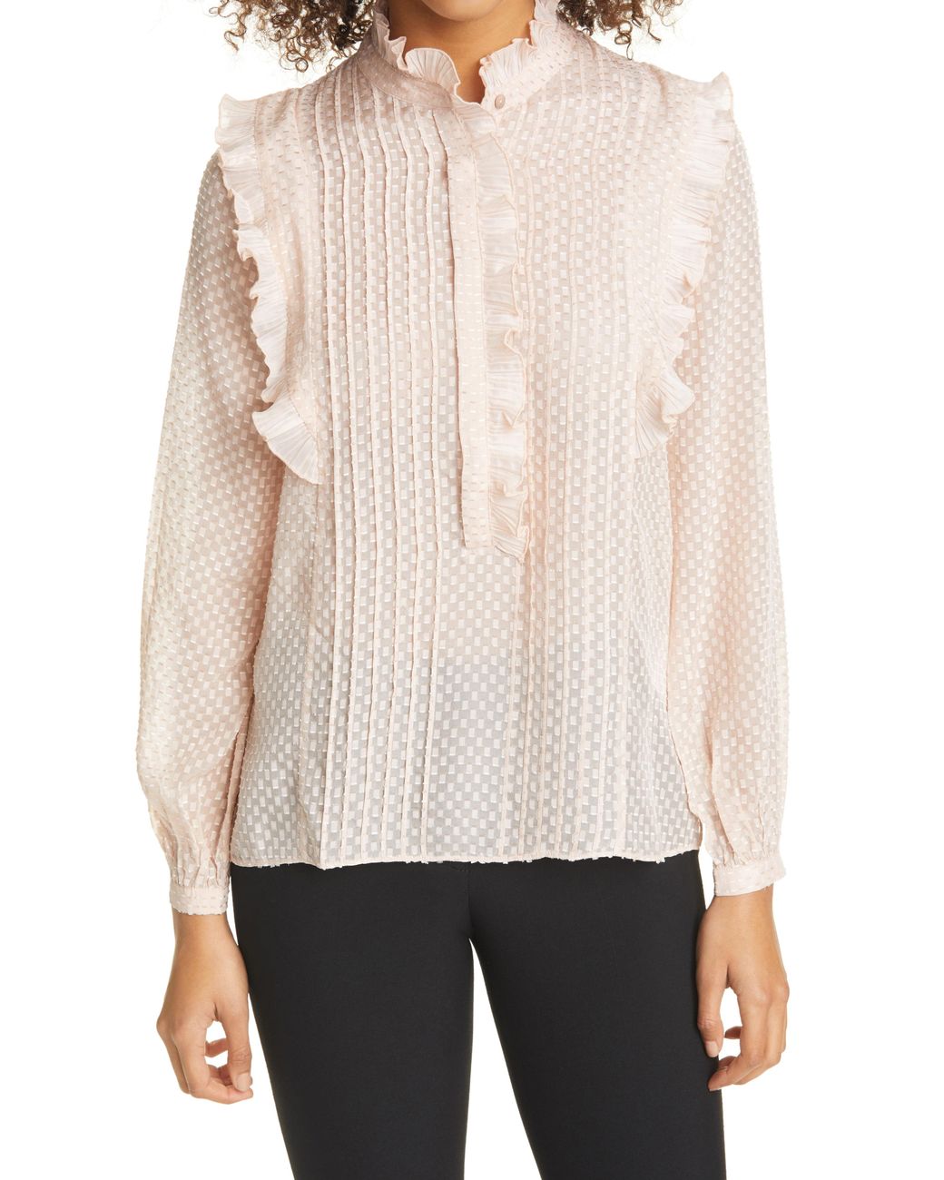 Reiss Silk Taylor Ruffle Detail Jacquard Long Sleeve Blouse In Nude