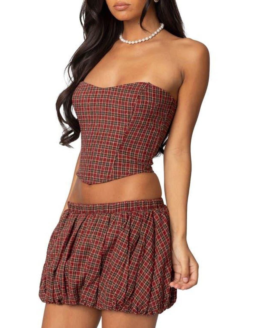 Edikted Marlene Plaid Strapless Corset Top in Red | Lyst