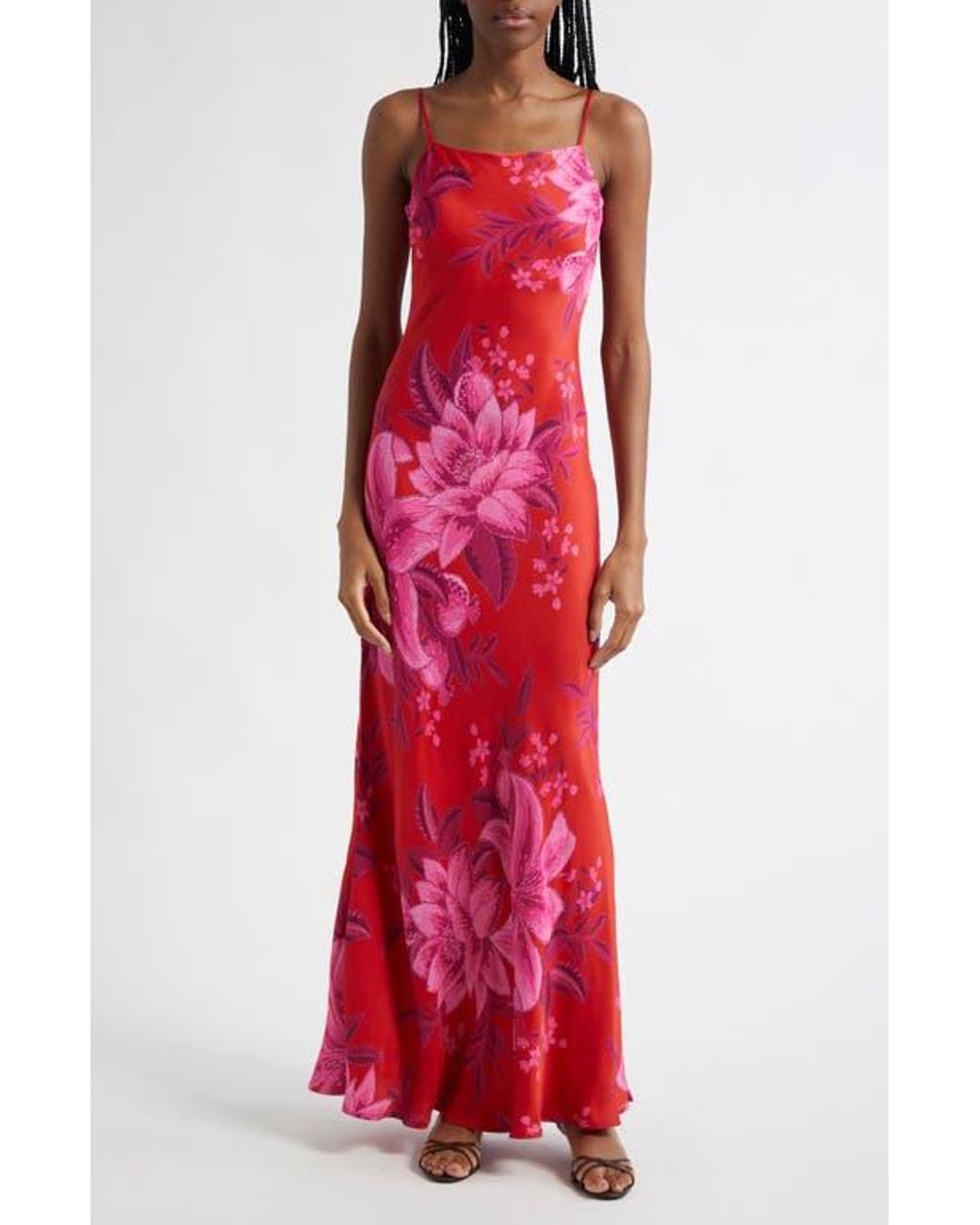 FARM Rio Summer Fruit Satin Maxi Slipdress in Red | Lyst