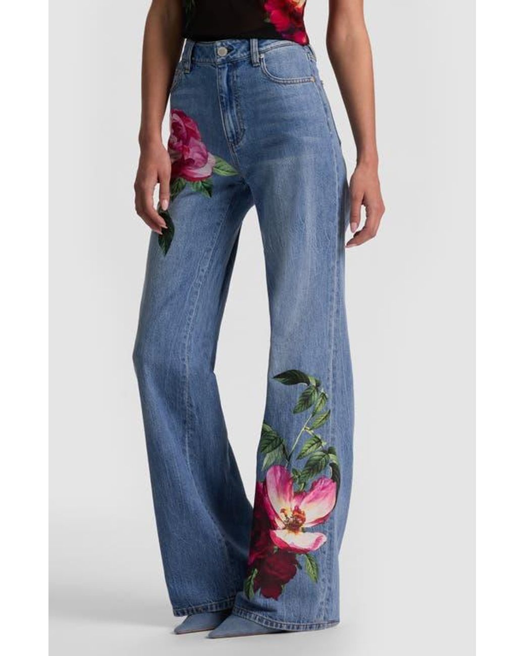 Alice + Olivia Chic Placed Floral Wide Leg Jeans in Blue | Lyst
