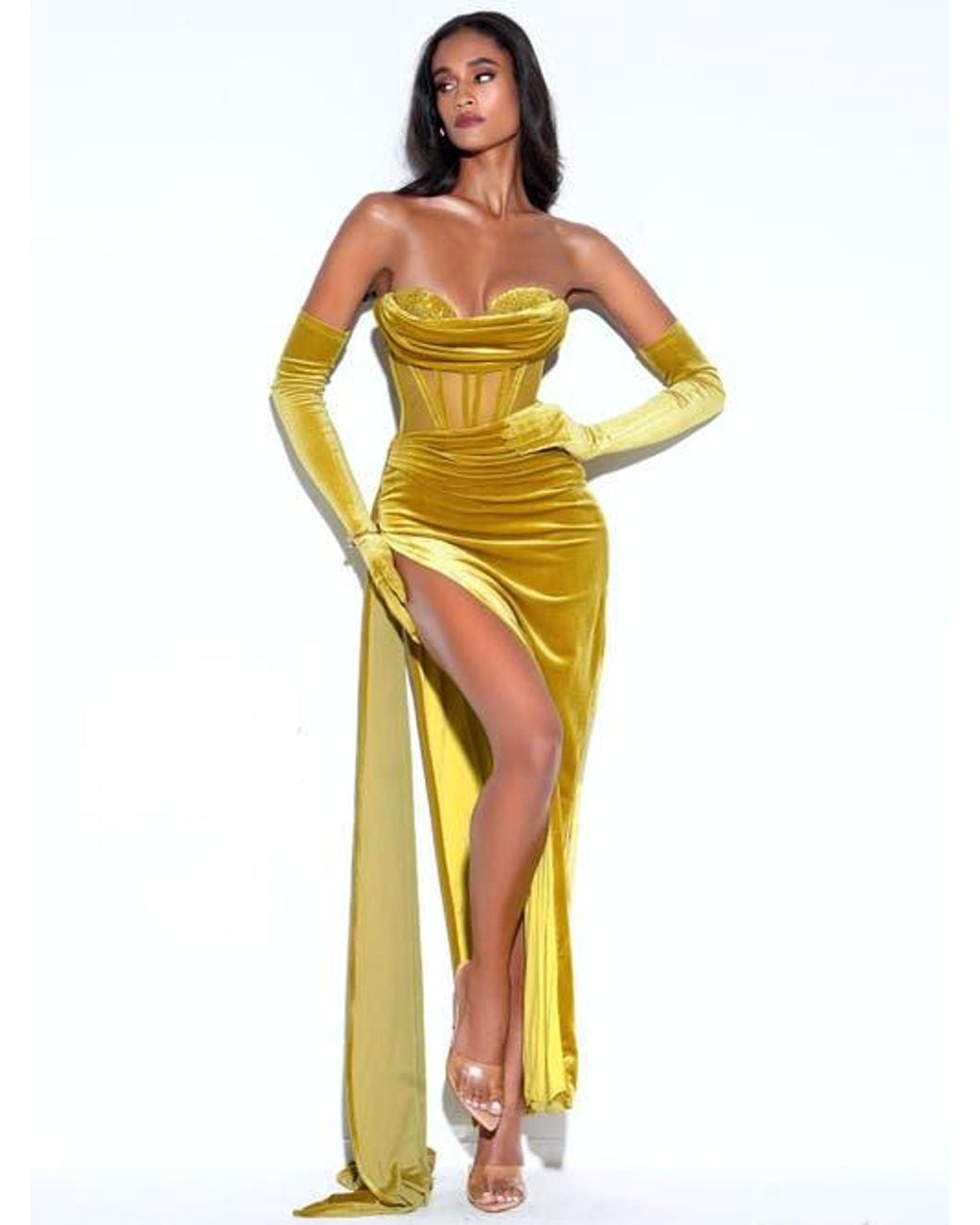 Miss Circle Octavia Draping Crystal Corset High Slit Velvet Gown in ...