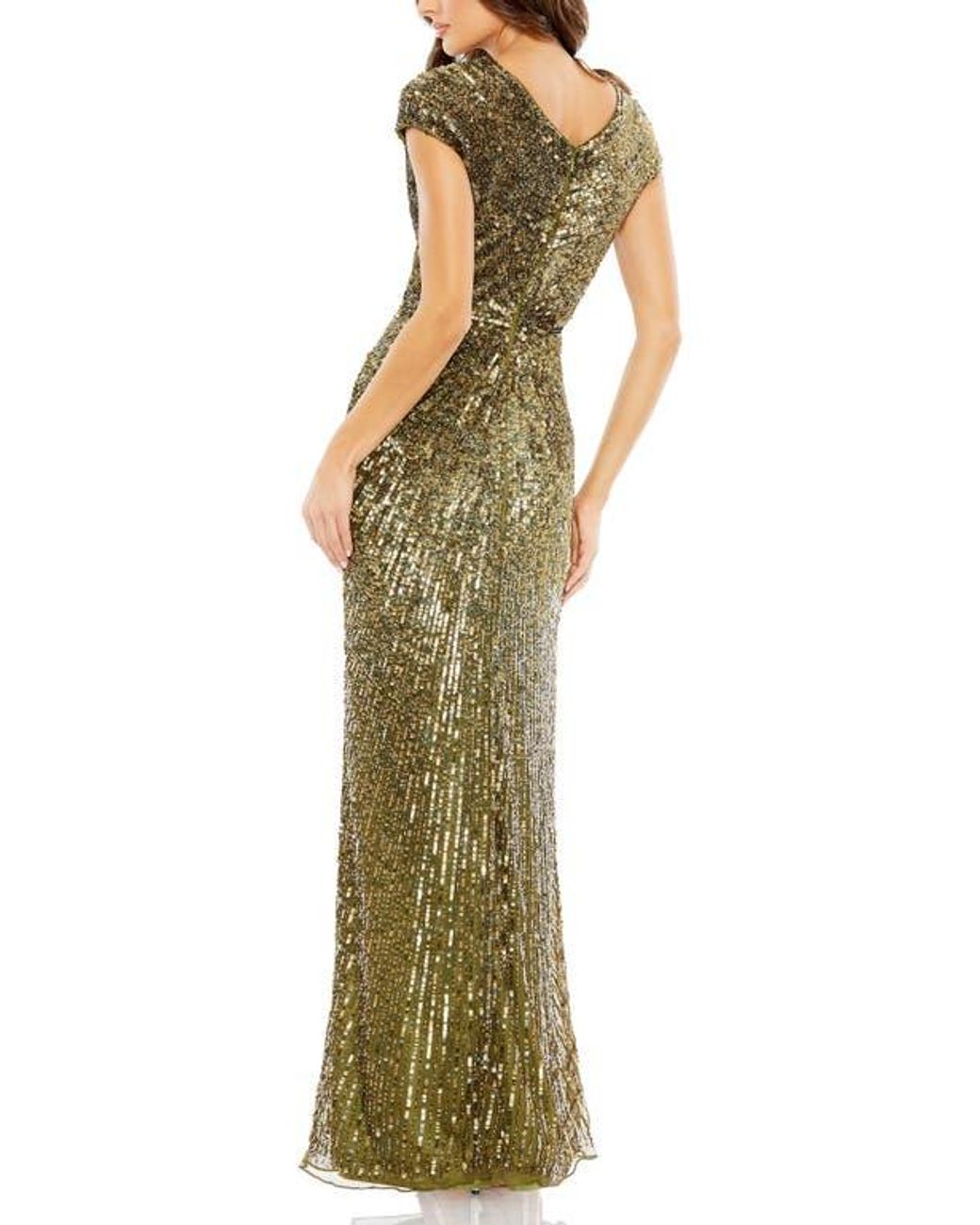 Mac Duggal Sequined Faux Wrap Cap Sleeve Gown in Metallic | Lyst