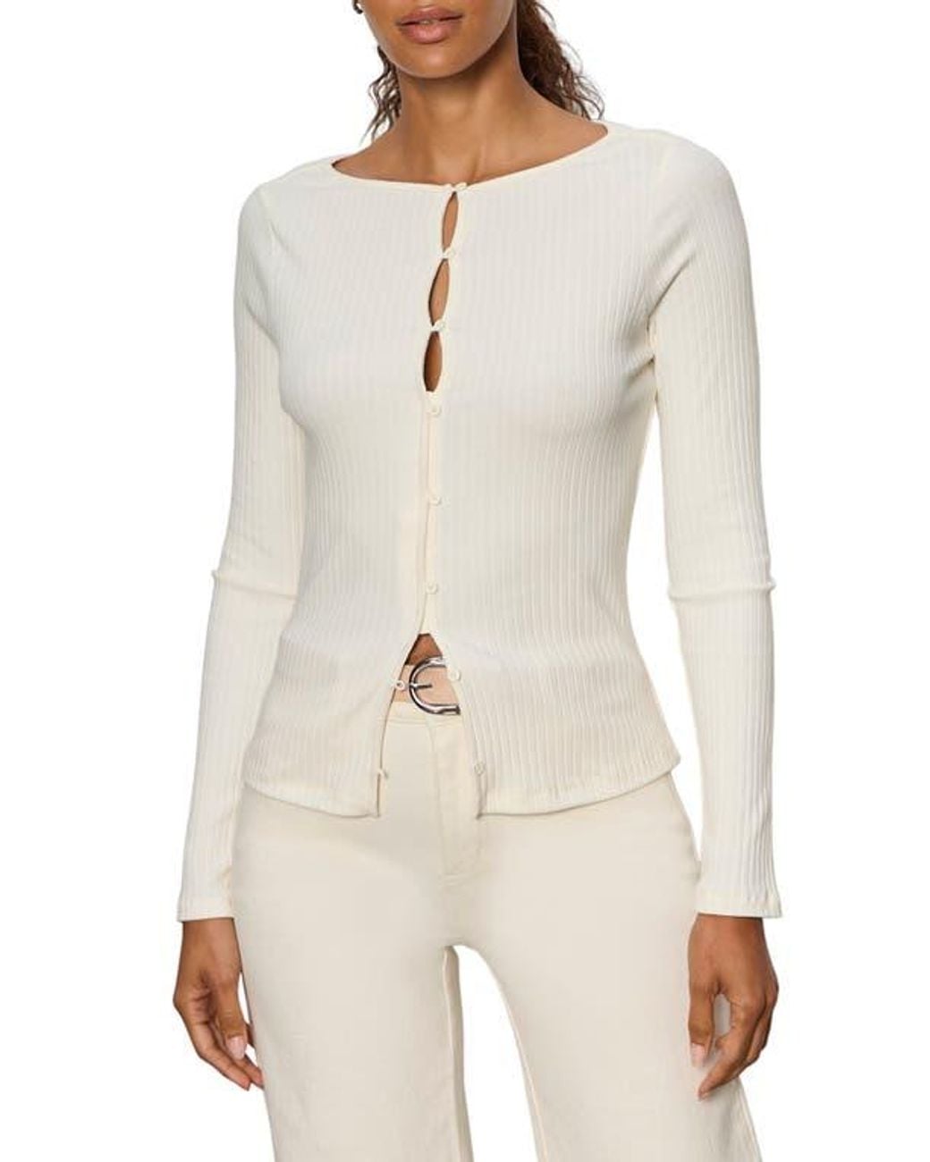 Sanctuary Stripe Button Front Long Sleeve Rib Top in White | Lyst