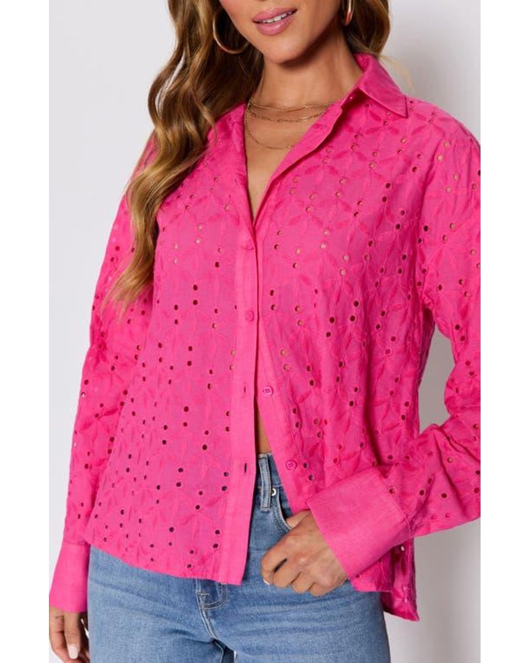 Vici Collection Garden Stroll Floral Eyelet Button-Up Shirt in Red | Lyst