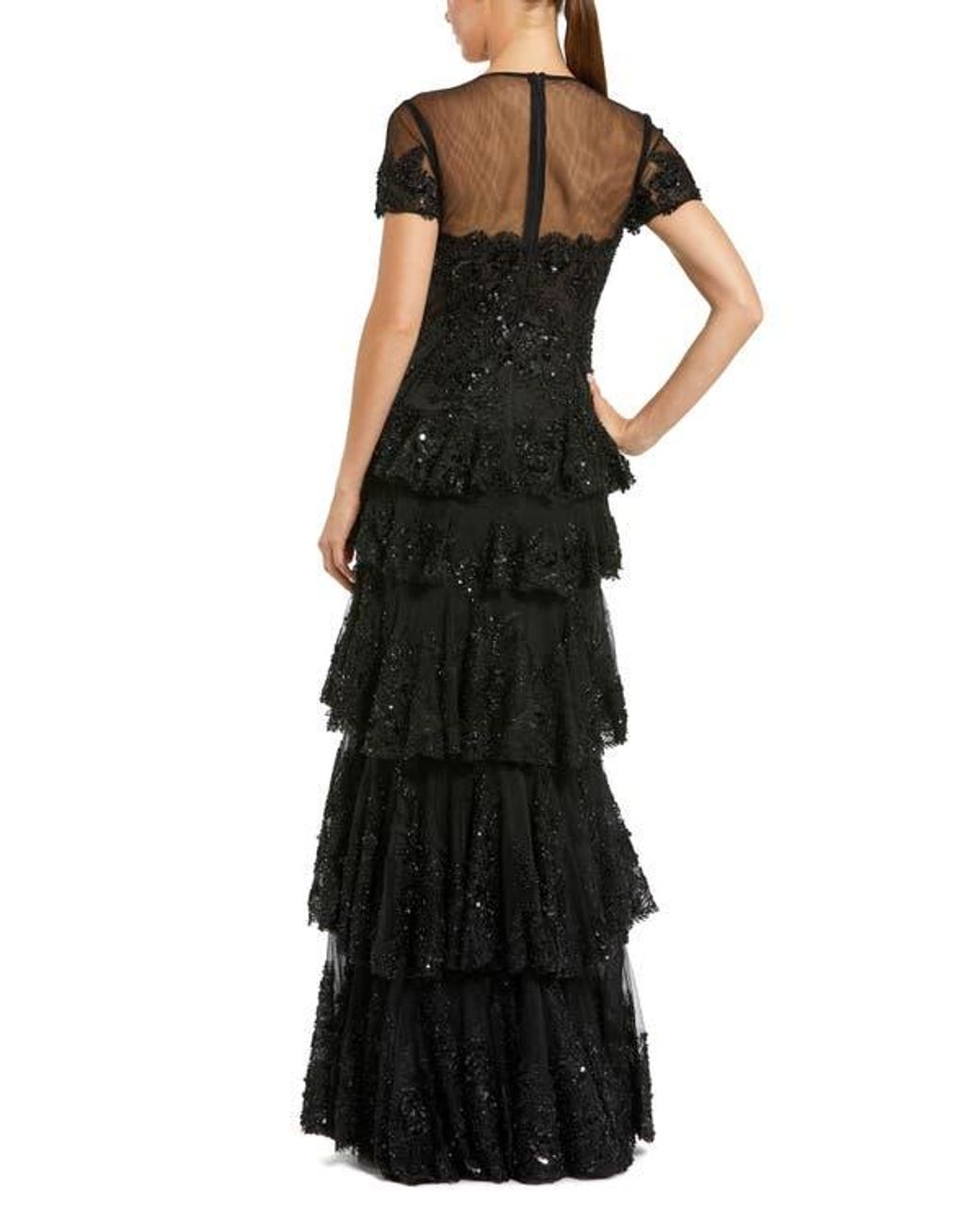 Mac Duggal Short Sleeve Tiered Mesh Gown With Embellishments in Black ...