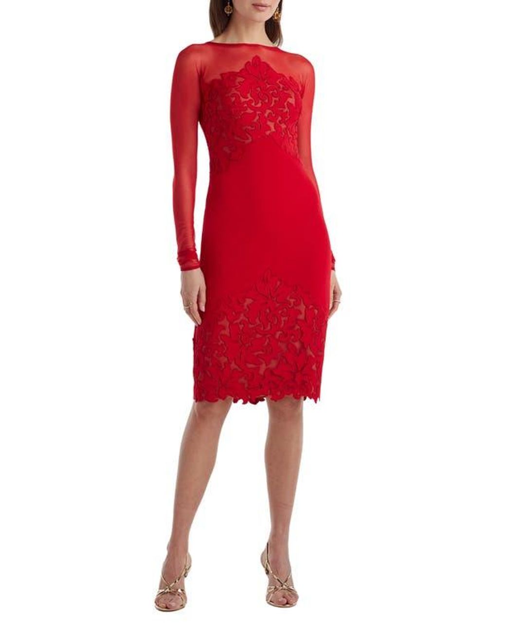 Tadashi Shoji Illusion Neck Laser Cut Long Sleeve Mesh Cocktail Dress ...