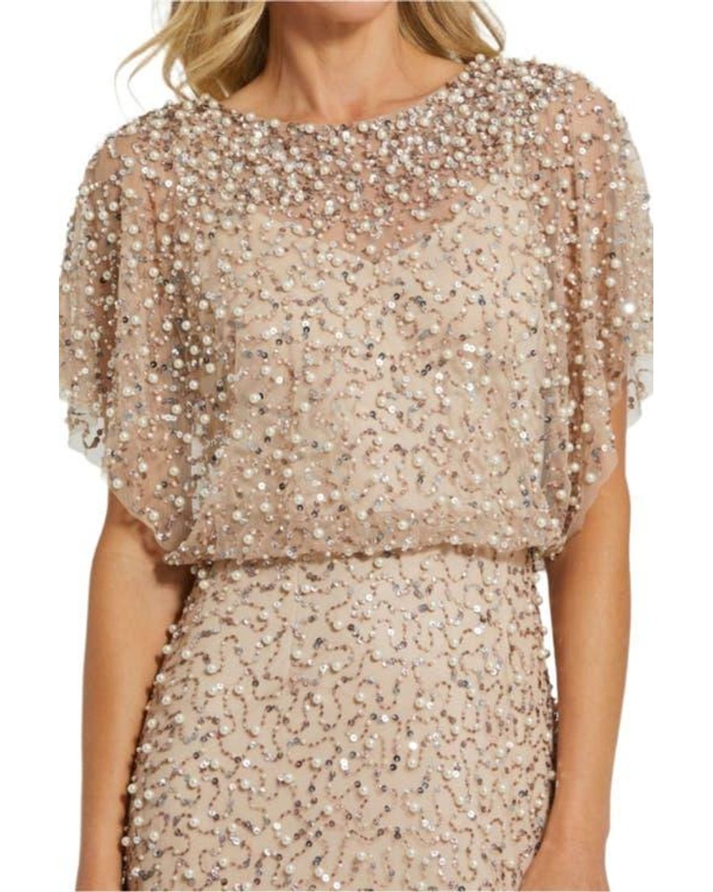 Mac Duggal Beaded Mesh Gown With Shawl in Natural | Lyst