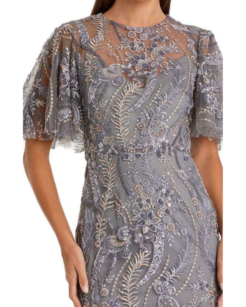 Mac Duggal High Neck Flutter Sleeve Floral Embroidered Gown in Gray | Lyst